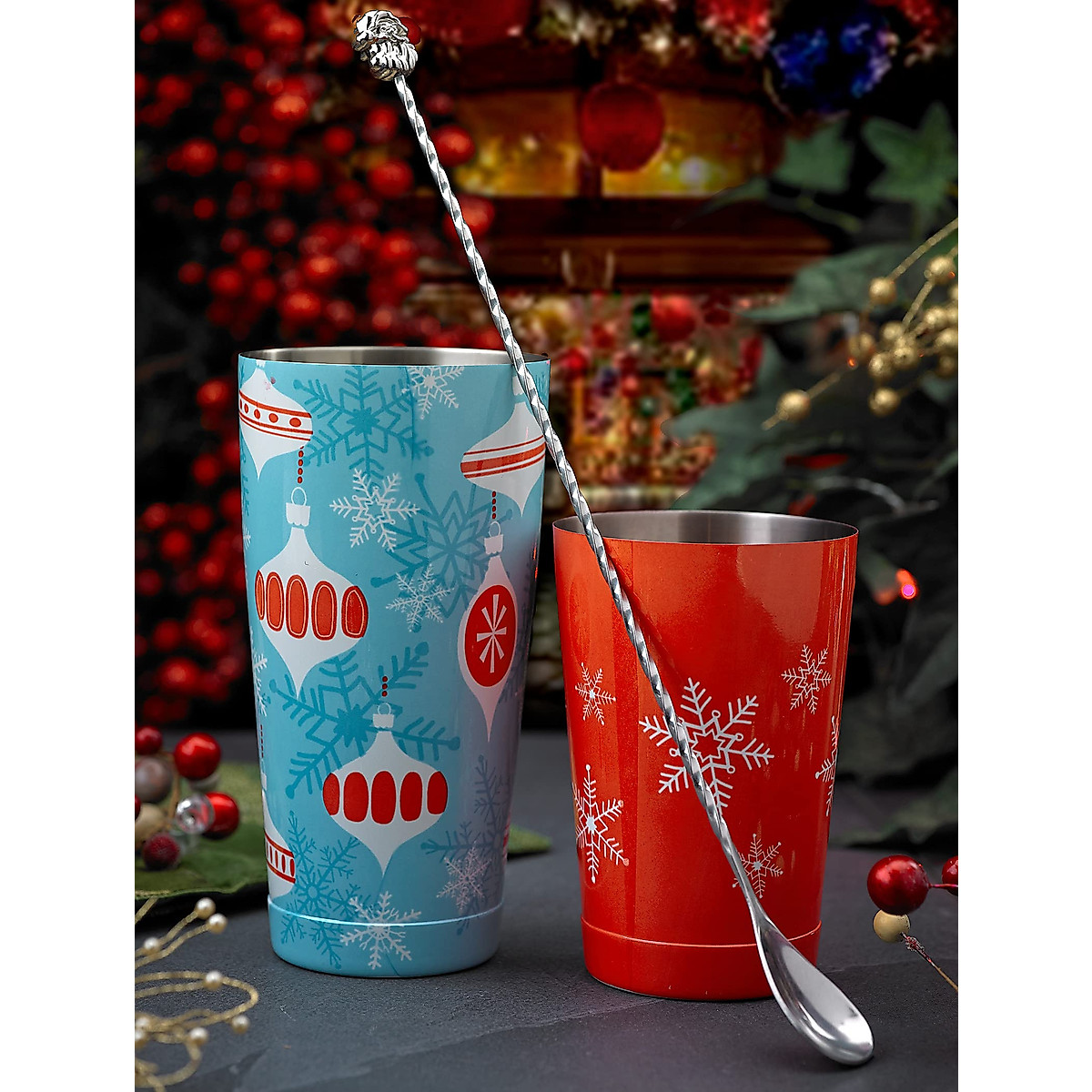 Barfly Holiday Ornaments Cocktail Shaker Set with Santa Spoon