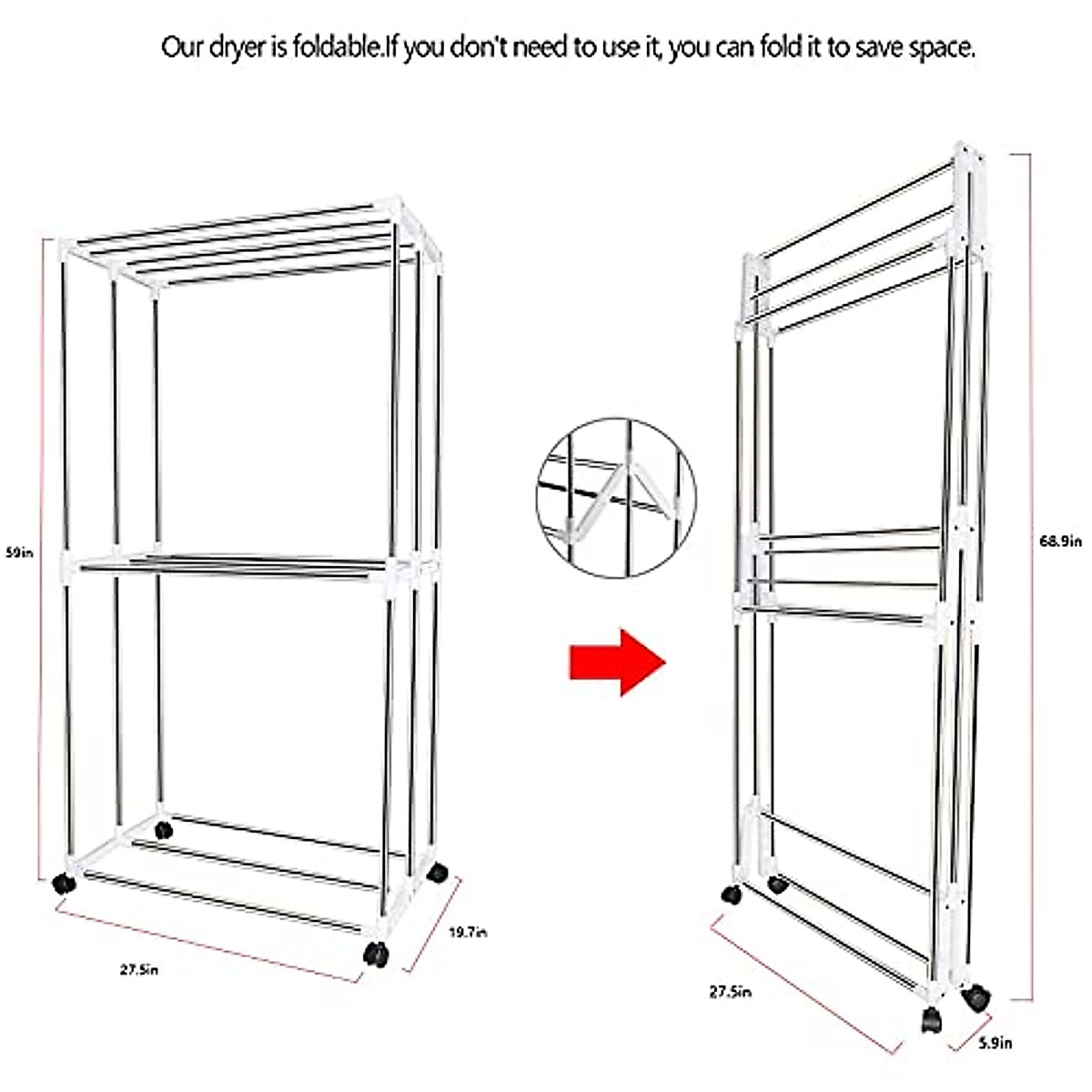Electric Clothes Dryer Foldable Drying Rack 1500w-1.5 meters 2-Tier Remote Control Heater Large Capacity Low Noise for Home,Laundry,Apartment 110V(Red)