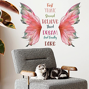 Pinenjoy Pink Butterfly Quotes Wall Decal Think Believe Dream Dare Inspirational Saying Wall Stickers Self-Adhesive Vinyl Wall Decor for Women Girls Bedroom Living Room Nursery