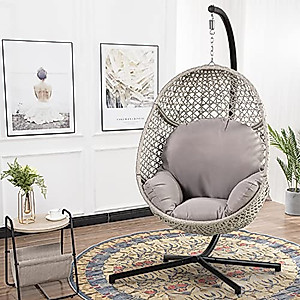 PRIVATE GARDEN Large Hanging Egg Chair with Stand Upgraded Wicker Egg Swing Chair Outdoor Indoor PE Rattan Hanging Chair with Grey Comfort Cushion Heavy Duty C-Stand