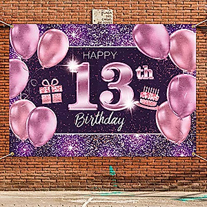 PAKBOOM Happy 13th Birthday Banner Backdrop - 13 Birthday Party Decorations Supplies for Girl - Pink Purple Gold 4 x 6ft