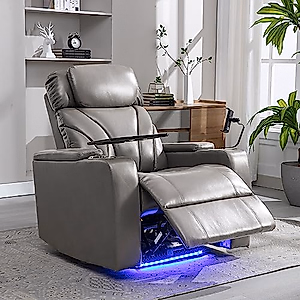 P PURLOVE Power Motion Recliner Chair for Home, PU Electric Recliner with Swivel Tray Table USB Charging Port and Hidden Arm Storage, Home Theater Seating with Cup Holder Design, Gray