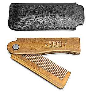 Folding Beard Comb w/Carrying Pouch for Men - All Natural Wooden Beard Comb w/Gift Box - Green Sandalwood Comb for Grooming & Combing Hair, Beards and Mustaches by Viking Revolution
