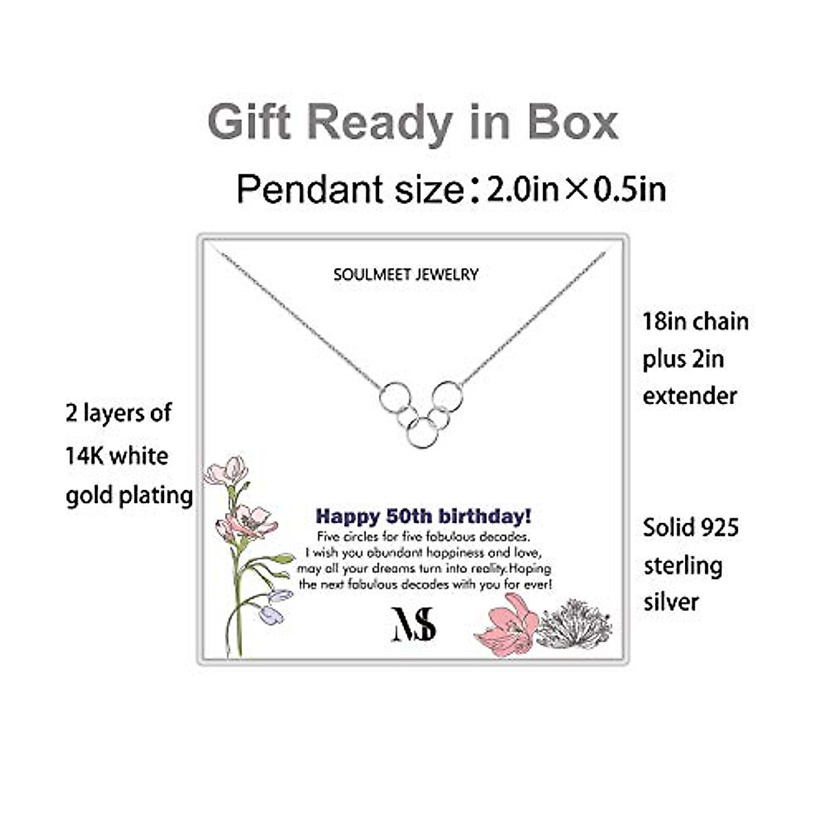 SOULMEET 50th Birthday Gifts Necklace for Women, Sterling Silver Five Circles Necklace for Her 5 Decades Jewelry Gift 50 Years Old