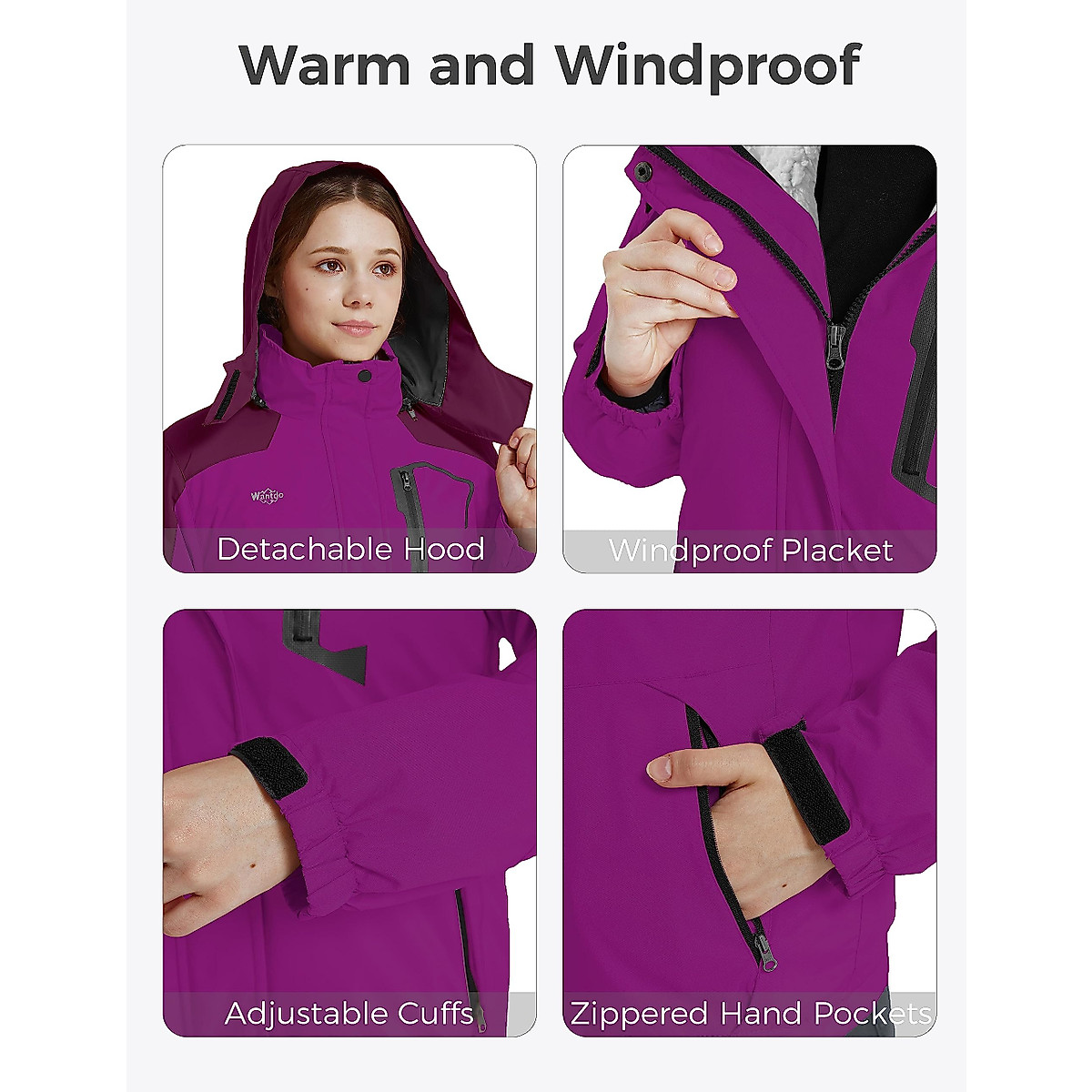 wantdo Big Girl's 3 in 1 Ski Jacket Snow Warm Winter Coat Waterproof Interchange Coat Purple 10-12