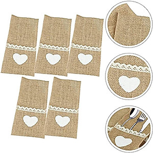 KAISIDA 10 Pcs Burlap Lace Utensil Cutlery Holders Cutlery Pouch Knifes Forks Bag for Vintage Natural Wedding Bridal Shower Tableware Christmas Party (4x8inch, Heart)