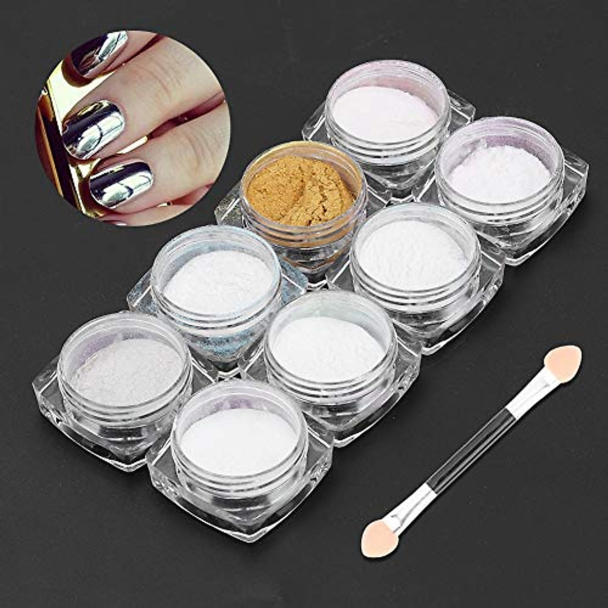 Nail Art Decoration Pigment Powder, Decoration Black Powder Nails Art Decoration Powder Fine Texture Powder Nail Art Powder Set with Eyeshadow Sticks Glitter Mirror Powder
