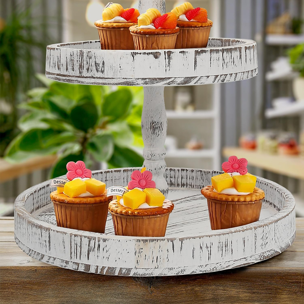 AONEHOME 2 Tiered Tray Stand, White Tiered Tray Decorative Trays – 2 Tier Cupcake Stand - 2 Tier Serving Tray - Tiered Tray Decor