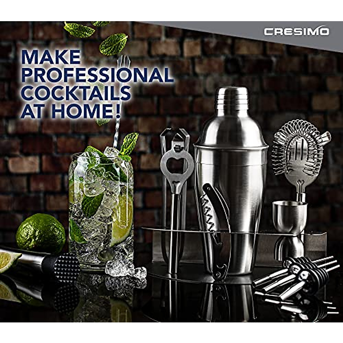 Cocktail Shaker Set with Stand- 12 Piece Stainless Steel Cocktail Set - 18oz Bar Shaker Set, Bar Tools, Perfect Cocktail Kit for Beginners or Professionals, Mixology Bartender Kit, Bar Kit - Cresimo
