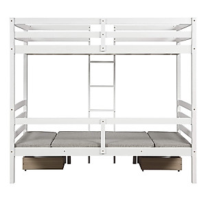 MERITLINE Wood Bunk Bed with 2 Drawers, Twin Loft Bed with Seat and Desk, Can be Turn into Upper Bed and Down Desk, Cushion Sets are Free for Kids, Teens, Girls, Boys, White