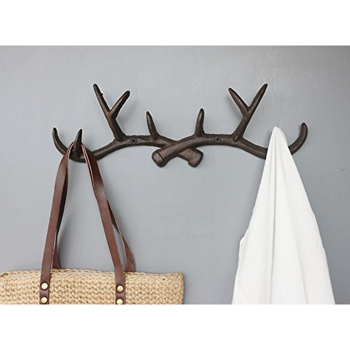 Chocolate 14 inch Vintage Rustic Cast Iron Deer Antlers Coat Rack Key Holder Jewellery Display Rack Bathroom Towels Hanger Rustic Cabin Hanger(with Screws)