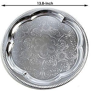Maro Megastore (Pack of 4) 13.8-Inch Elegant Round Floral Pattern Engraved Catering Chrome Plated Serving Plate Mirror Tray Platter Tableware Holiday Wedding Birthday Party Deco Art (Medium) T226-4pk