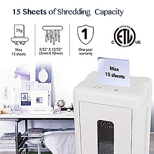 WOLVERINE 15-Sheet Super Micro Cut High Security Level P-5 Heavy Duty Paper/CD/Card Shredder for Home Office, Ultra Quiet by Manganese-Steel Cutter and 8 Gallons Pullout Waste Bin SD9520 (White ETL)