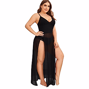 SOLY HUX Women's Plus Size Split Long Mesh Lingerie Dress Babydoll Chemise Black 2XL