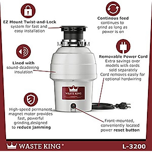 Waste King 3/4 HP Garbage Disposal with Power Cord, Food Waste Disposer for Kitchen Sink, L-3200