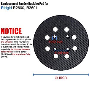 5" Hook and Loop Sander Pad for Ridgid R2600, R2601 Random Orbit Sanders - Replacement for Pad Part Number 300527002 - with Extra Hard Backing