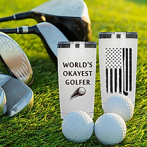 SAHIJE Golf Gifts for Men, Funny Birthday Gifts for Men Dad Husband Boyfriend, Golf Lovers Cup, World's Okayest Golfer Tumbler, USA Flag Design, 20 oz