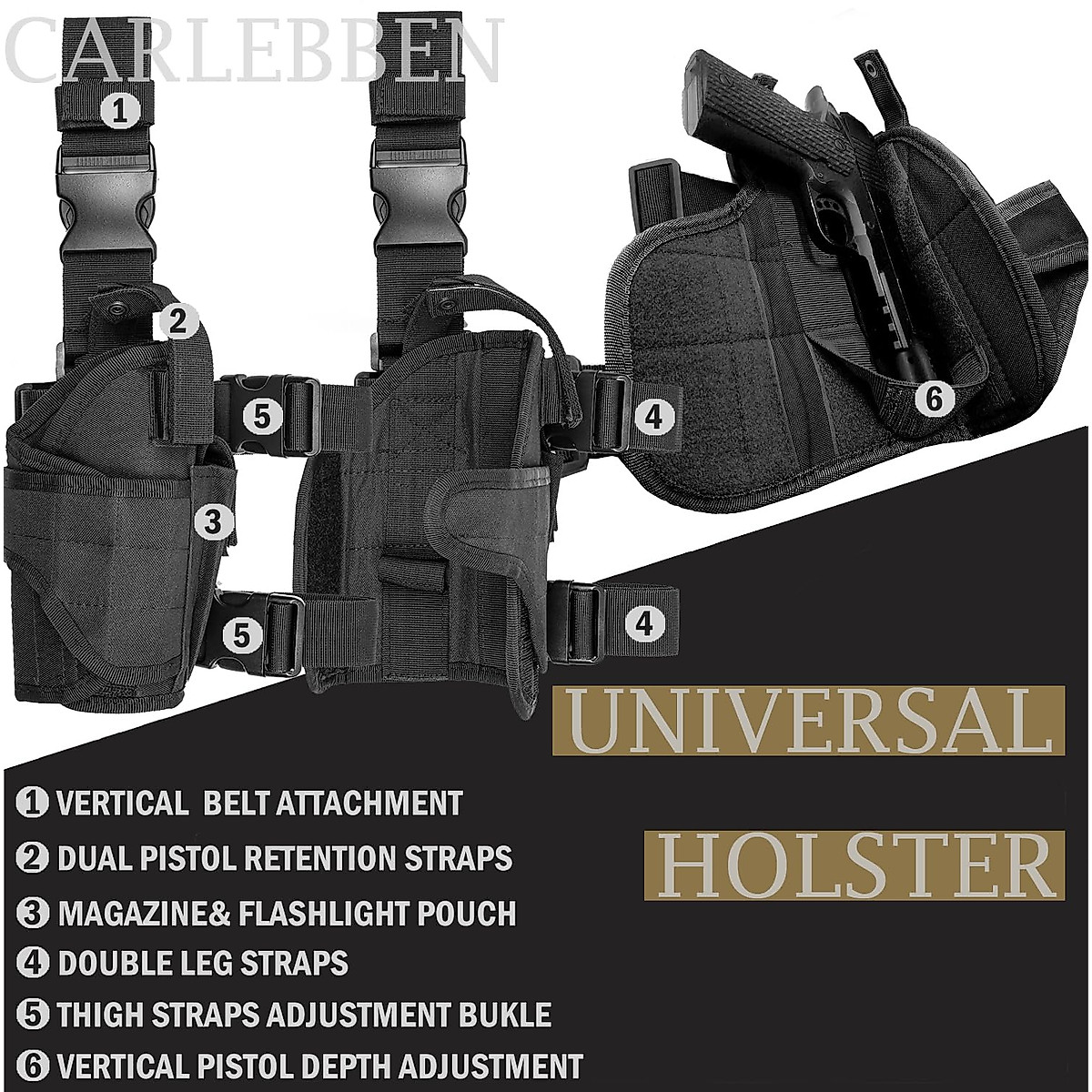 Drop Leg Holster Molle Airsoft Holster Thigh Pistol Gun Holster Tactical Adjustable Right Handed Carlebben (Black)