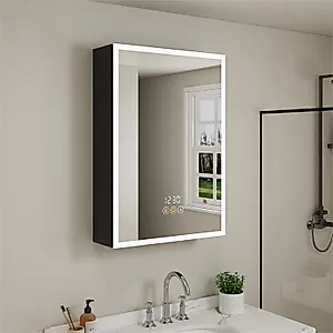 Buruis Medicine Cabinet with LED Lights and Mirror, 16 x 24 Inch Surface or Recessed Mounted Bathroom Cabinet, 3-Color Light, Clock&Temp, Defogger, Memory Function, Outlet & USB, Dimmer, Black