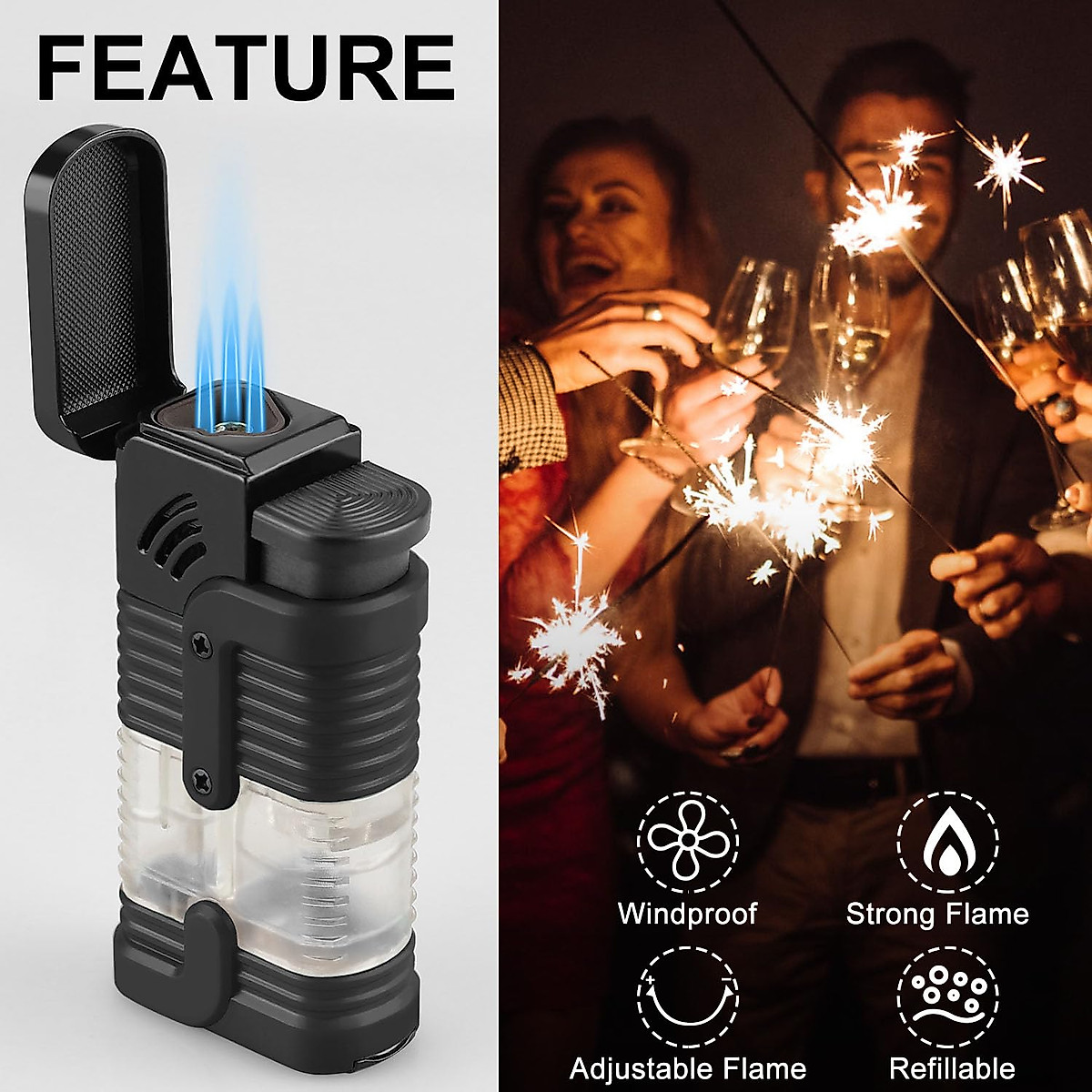 Kantion 2 Pack Torch Lighter Triple Jet Flame Butane Torch Lighters Refillable Butane Gas Lighter Windproof Adjustable 3 Flame Lighter Gift for Men and Women(Black+Green,Without Gas)