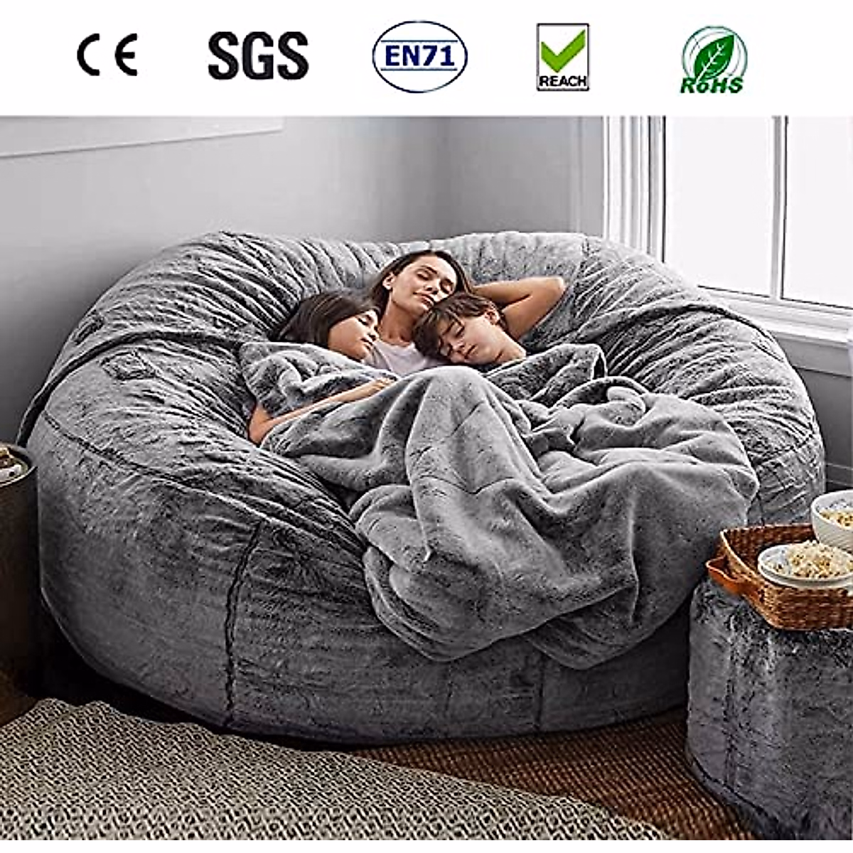 7ft Giant Fur Bean Bag Chair for Adult Living Room Furniture Big Round Soft Fluffy Faux Fur BeanBag Lazy Sofa Bed Cover Grey (Dark Grey)