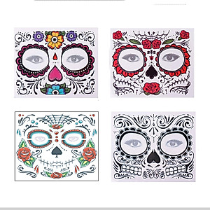 4 Pack Day of the Dead Sugar Skull Face Temporary Tattoo Halloween Makeup Tattoo Stickers for Halloween Masquerade Party(Floral, Red Roses,Black and Floral Skeleton)