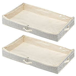 mDesign Soft Fabric Under Bed Storage Organizer Holder Bag for Clothing, Accessories, Linen - Easy-View Top Panel, Attached 2-Way Zippered Lid, Side Handles - 2 Pack - Natural/Cobalt Blue