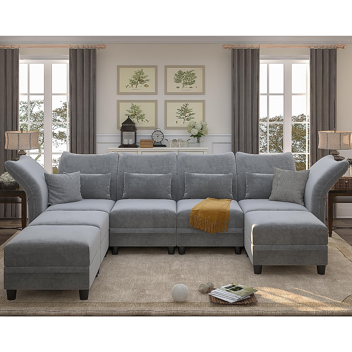LLappuil Chenille Sectional Couch U Shaped 7 Seater Deep Modular Sectional Sofa with Storage and Adjustable Armrest Backrest, Large Sectional Sleeper Sofa Set, Grey