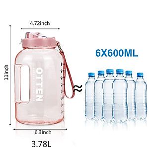 OTTEN Gallon Water Bottle with Time Marker - Water Bottles with Bottle Brush, Reusable Tritan Gym Water Bottle with Handle, BPA Free Leak Proof Water Jug (Pink, 128 Ounces)