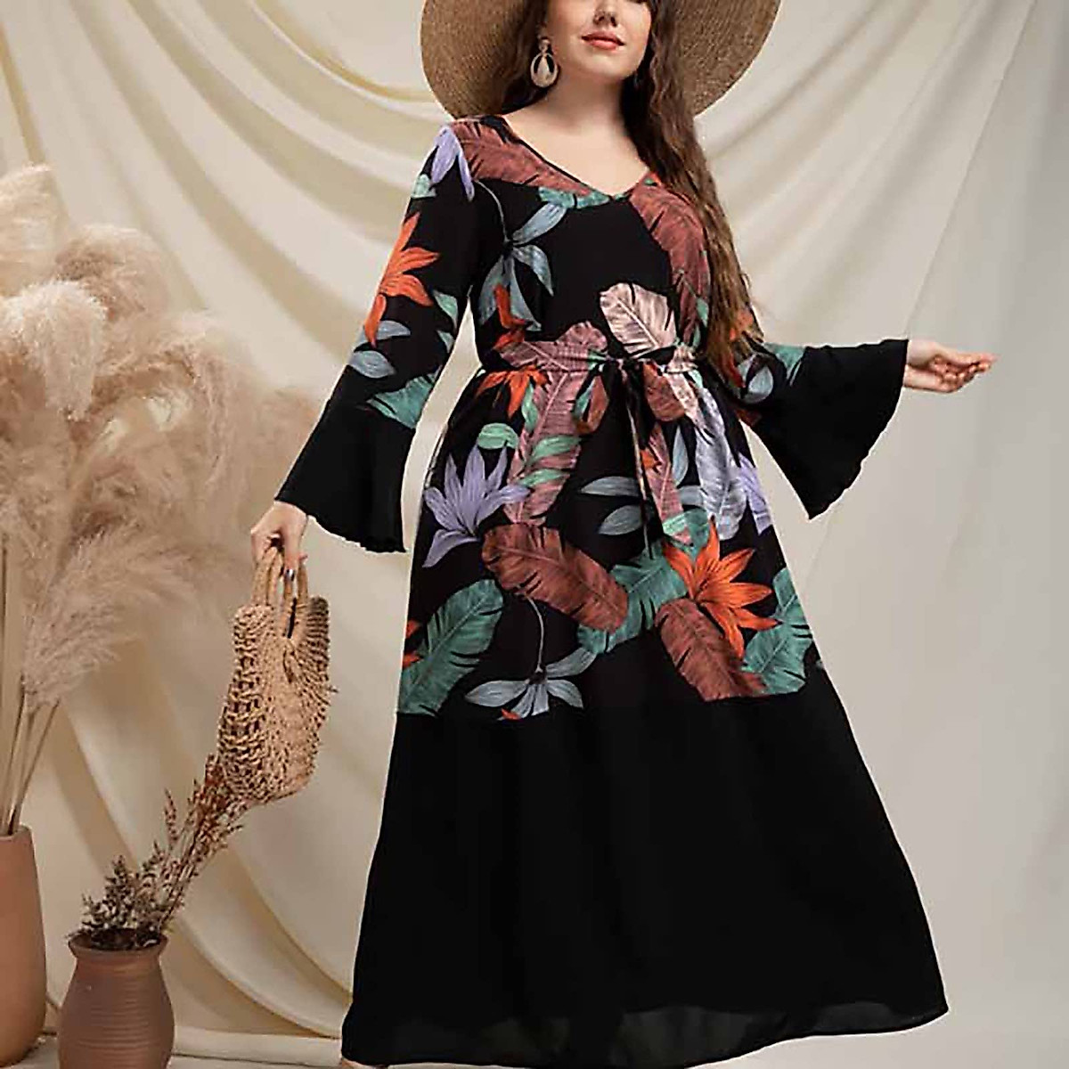 Dresses for Women 2023 Sexy Ladies Plus Size Ruffle Long Sleeve V Neck Floral Leaf Print Elastic Waist Drawstring Belt A