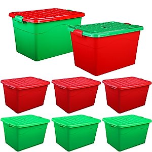Sweetude 8 Pcs Christmas Storage Bins with Lids Red Green Storage Containers Plastic Box 72 Qt Large Stackable Nestable Storage Box with Wheels and Latching Handles
