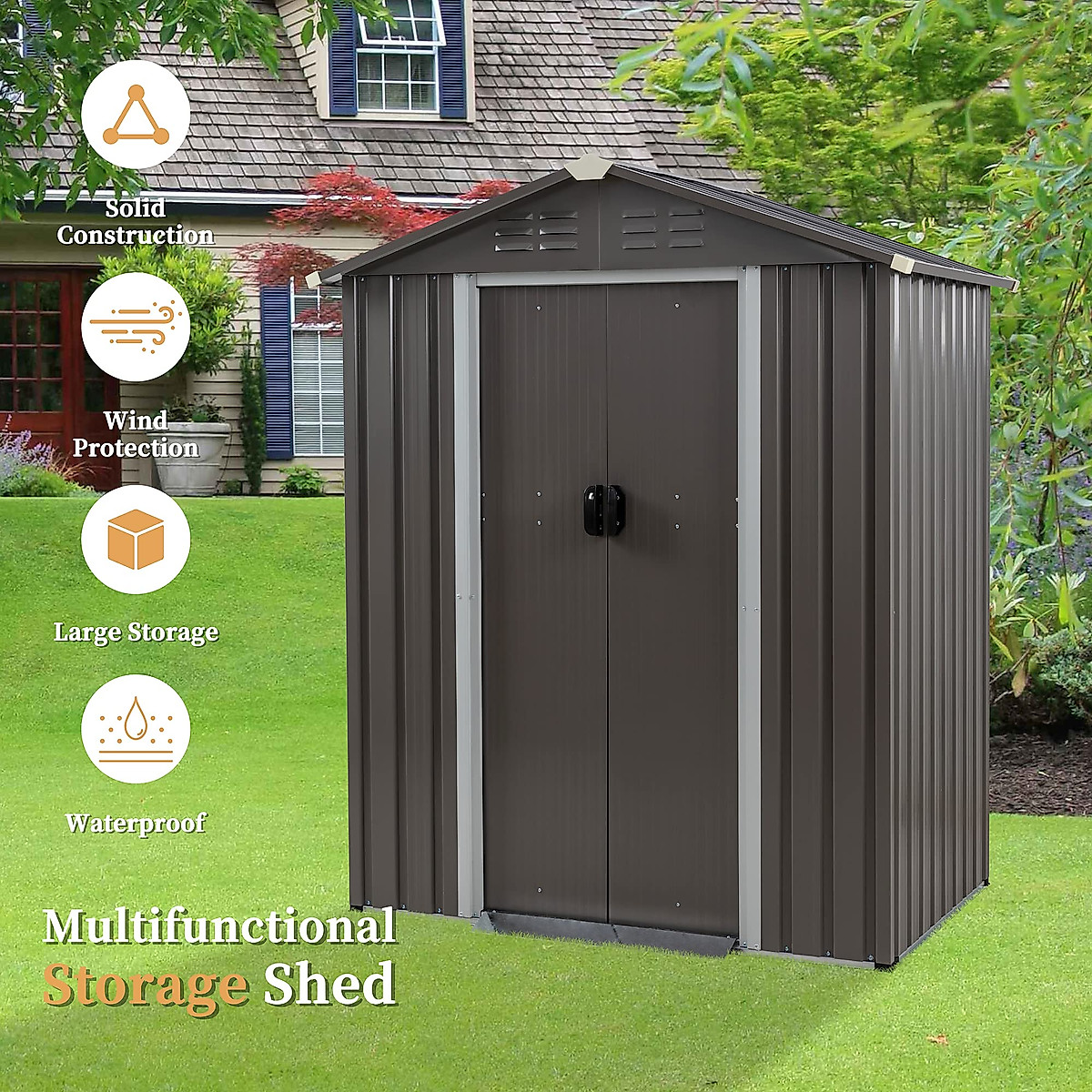 Vongrasig 5 x 3 x 6 FT Outdoor Storage Shed, Metal Tool Shed Clearance Garden Steel Shed with Side Window and Lockable Door Waterproof Tool Shed for Backyard Patio, Lawn (Gray)