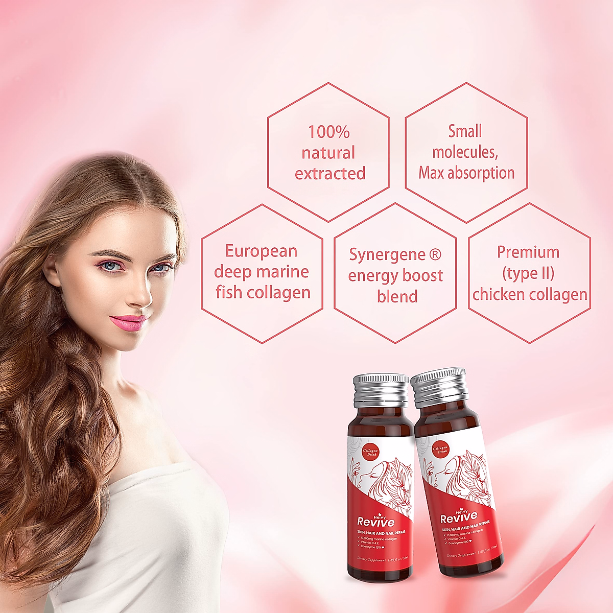 Heivy Liquid Collagen for Women, Collagen Drink with 10,000mg Marine Collagen Peptides, Collagen Liquid for Women for Hair Growth, Skin Repair, Nail Strength, 1.69 Fl Oz (Pack of 10)