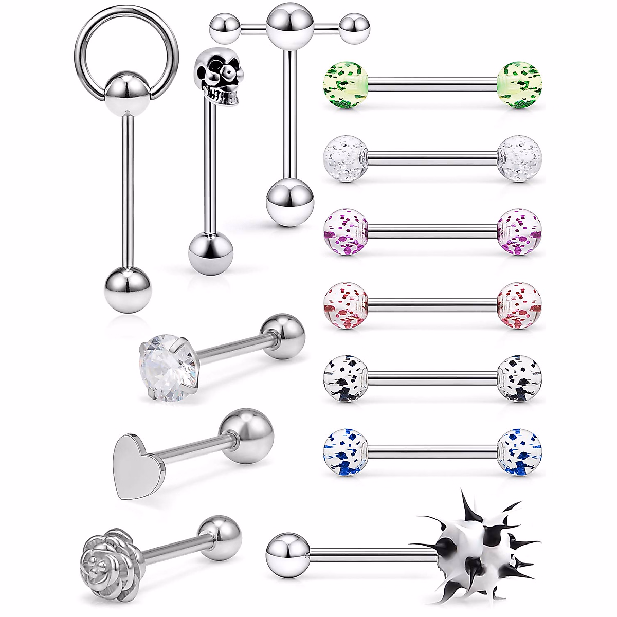 Hoeudjo 13Pcs 14G Surgical Steel Tongue Rings Teaser Double Barbell with Slave Ring Body Piercing Jewelry for Women Men 16mm Silver-Tone Heart Diamond Flower