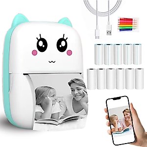 Mini Pocket Printer with 11 rolls of paper, portable thermal printer, Bluetooth portable printer, for learning notes, photos, DIY, travel, iOS iPhone and Android, Children's birthday gifts (Blue)
