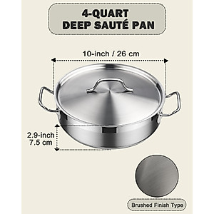 Cooks Standard Deep Sauté Pan with Lid, 4-Quart Professional Deep Frying Pan 18/10 Stainless Steel Chef’s All Purpose Pan with Cover, Compatible with All Stovetops