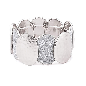 LENOOCLE Hammered Druzy Bracelet Silver Glitter Chunky Stretch Bracelet Statement Elastic Bracelet Bangle for Women Girls Christmas Jewelry Gifts(Silver)