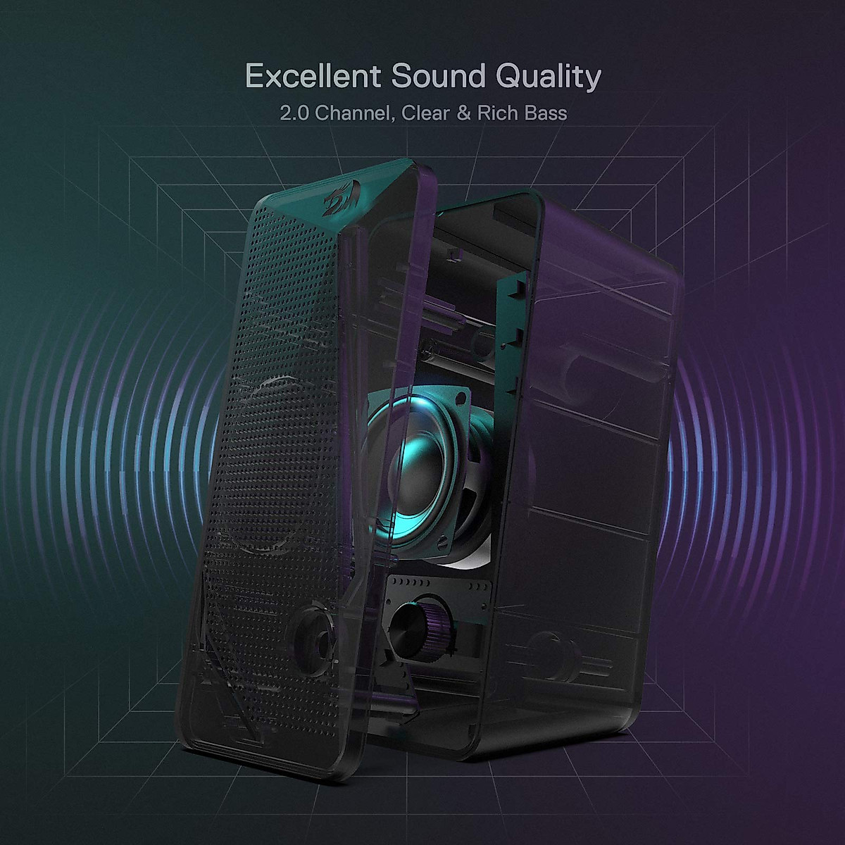 Redragon GS510 RGB Desktop Speakers, 2.0 Channel PC Computer Speaker with 4 Colorful LED Backlight Modes, Enhanced Bass and Easy-Access Volume Control, USB Powered w/ 3.5mm Cable