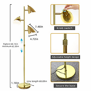 Tree Floor Lamp for Living Room, Industrial 3-Light Standing Lamp with 3 LED Bulbs, Adjustable Rotation Heads, Standing Tall Pole Lamp Farmhouse Rustic Reading Lamps for Bedroom Office (Gold)