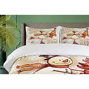 Ambesonne Christmas Duvet Cover Set, Skating Happy Snowman Xmas Tree Cheerful Hand Drawn Ornate Snowflakes, Decorative 3 Piece Bedding Set with 2 Pillow Shams, Queen Size, Beige White