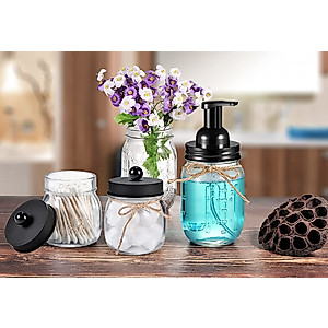 SheeChung Mason Jar Foaming Soap Dispenser - Rustproof Stainless Steel Lid&Foaming Soap Pump,Best Hand Foam Soap Dispenser Glass for Bathroom Vanities or Kitchen Sink,Countertops - Black (2 pk)