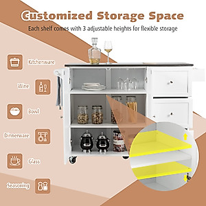 COSTWAY Kitchen Island cart on Wheels, Mobile Serving Cart w/Stainless Steel Countertop, 3 Drawers, 2-Door Cabinet, Adjustable Shelves, Towel Holder & Spice Rack, Utility Trolley on Wheels, White