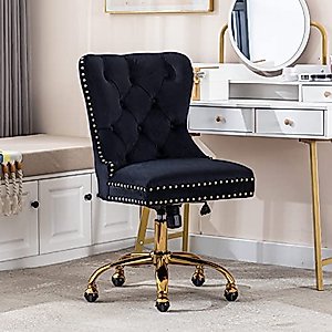 Guyou Black and Gold Vanity Chair Upholstered Velvet Home Office Desk Chair Swivel Desk Chair with Tufted Buttons for Bedroom (Black)