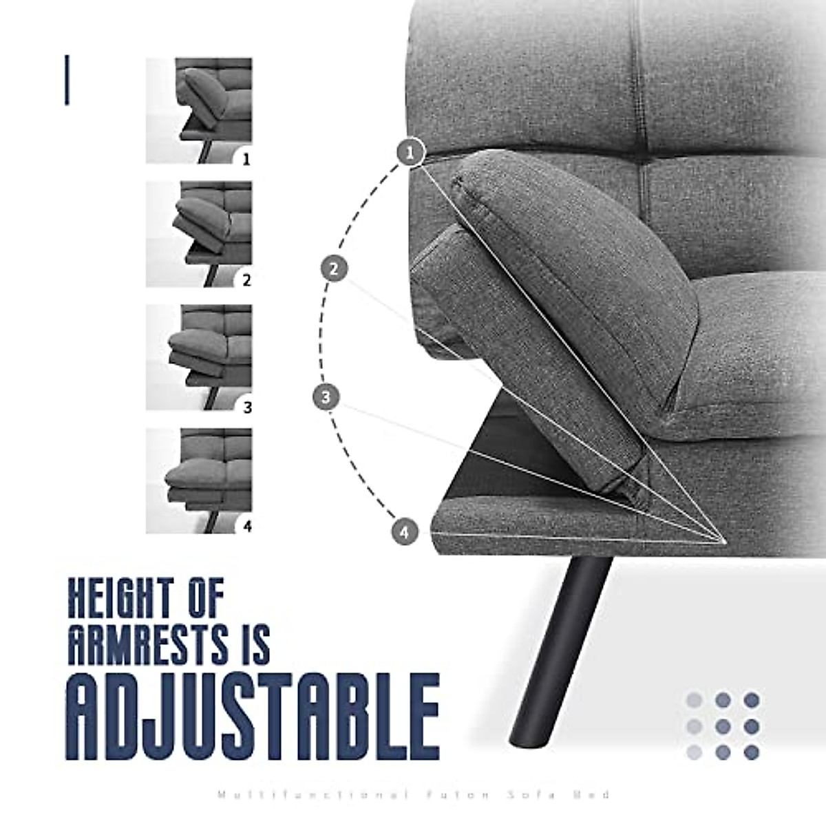 IULULU Sofa Bed, Modern Convertible Futon Sleeper Couch Daybed with Adjustable Armrests for Studio, Apartment, Office, Small Space, Compact Living Room, Grey