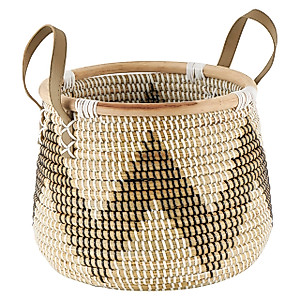 Deco 79 Seagrass Handmade Zigzag Patterned Storage Basket with Black and White Plastic Weaving and Leather Handles, Set of 2 18", 13" W, Brown