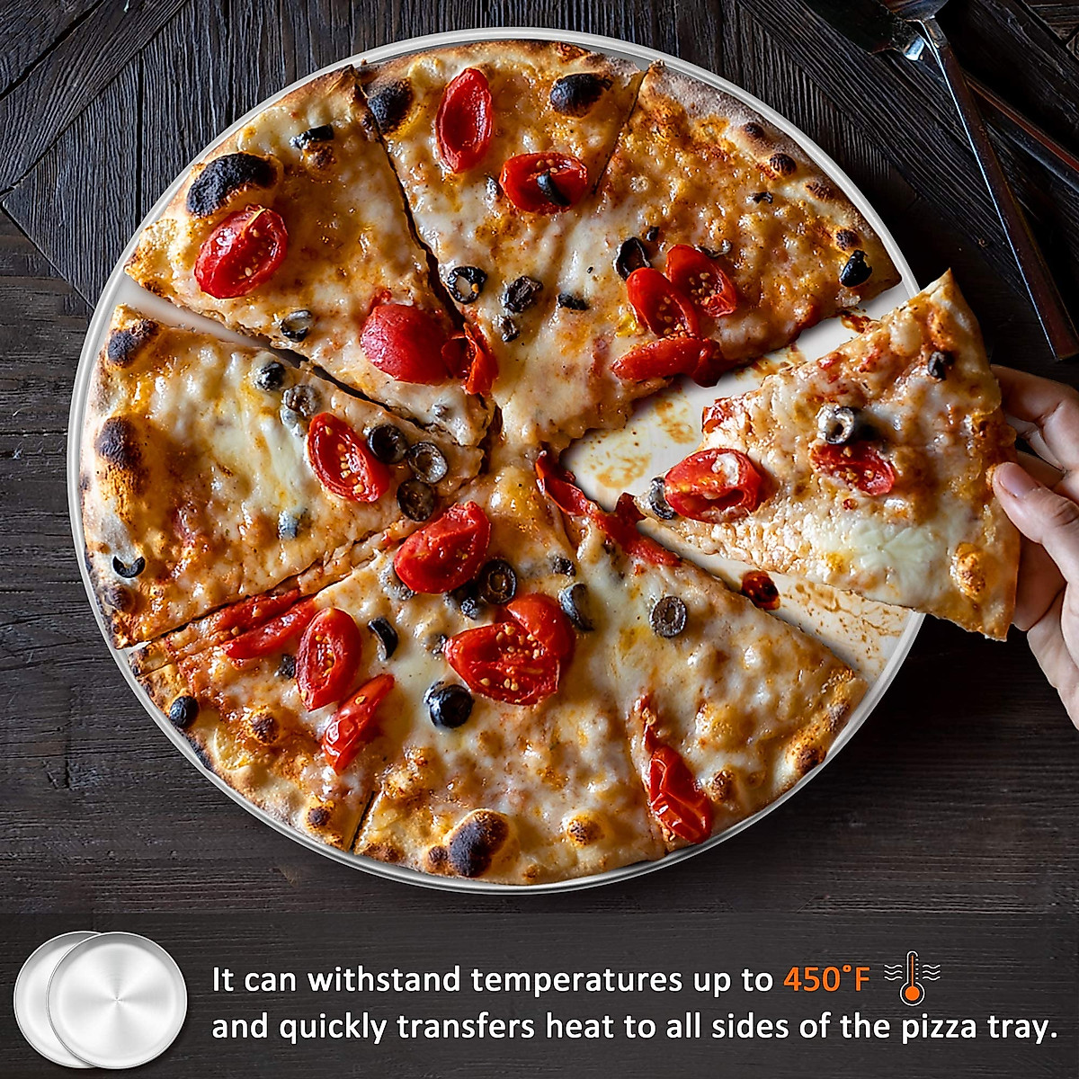 Herogo 12 Inch Stainless Steel Round Pizza Pan Set of 2, Large Healthy Pizza Tray Platter for Oven Baking Serving, Dishwasher Safe