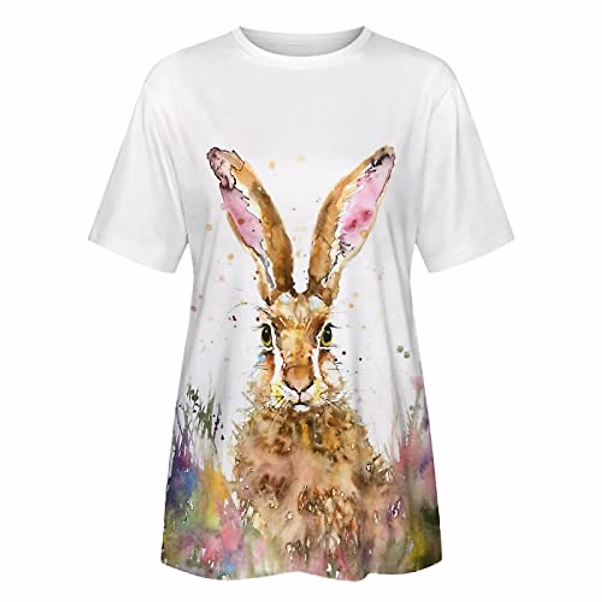 Women Casual Top Easter Bunny Printing Loose Round Neck Short Sleeve T Shirt Khaki