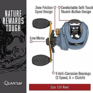 Quantum Smoke X Baitcast Reel and Fishing Rod Combo, 7-Foot 2-Inch 1-Piece EGC4 Composite Cranking Fishing Pole with Split-Grip EVA Rod Handle, Right-Hand Retrieve, Blue