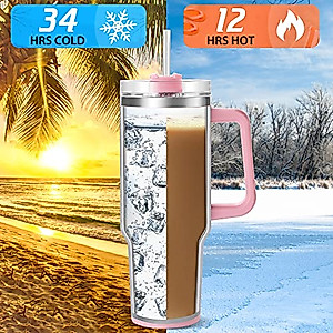 40 oz Tumbler with Handle and Straw, Pink Insulated Travel Mug Iced Coffee Cup, Reusable Stainless Steel Insulated Water Bottle, Keeps Drinks Cold for 34 Hours, Dishwasher Safe, BPA Free
