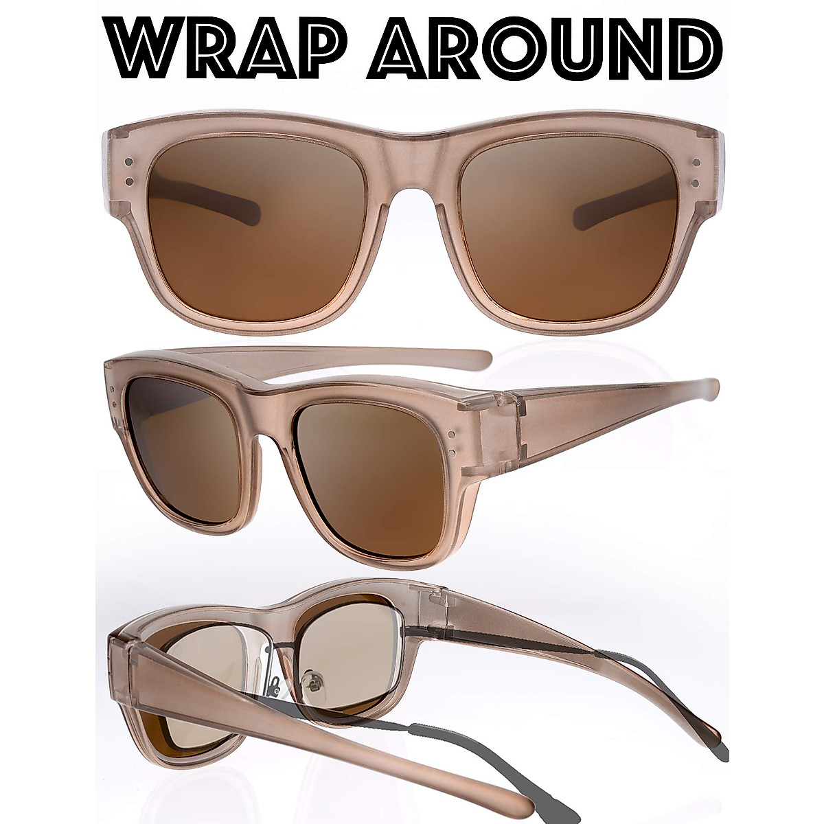 The Fresh High Definition Polarized Wrap Around Shield Oversized Sunglasses for Large Prescription Glasses - Gift Box Package (F602-Champagne for Large Glasses, Brown)